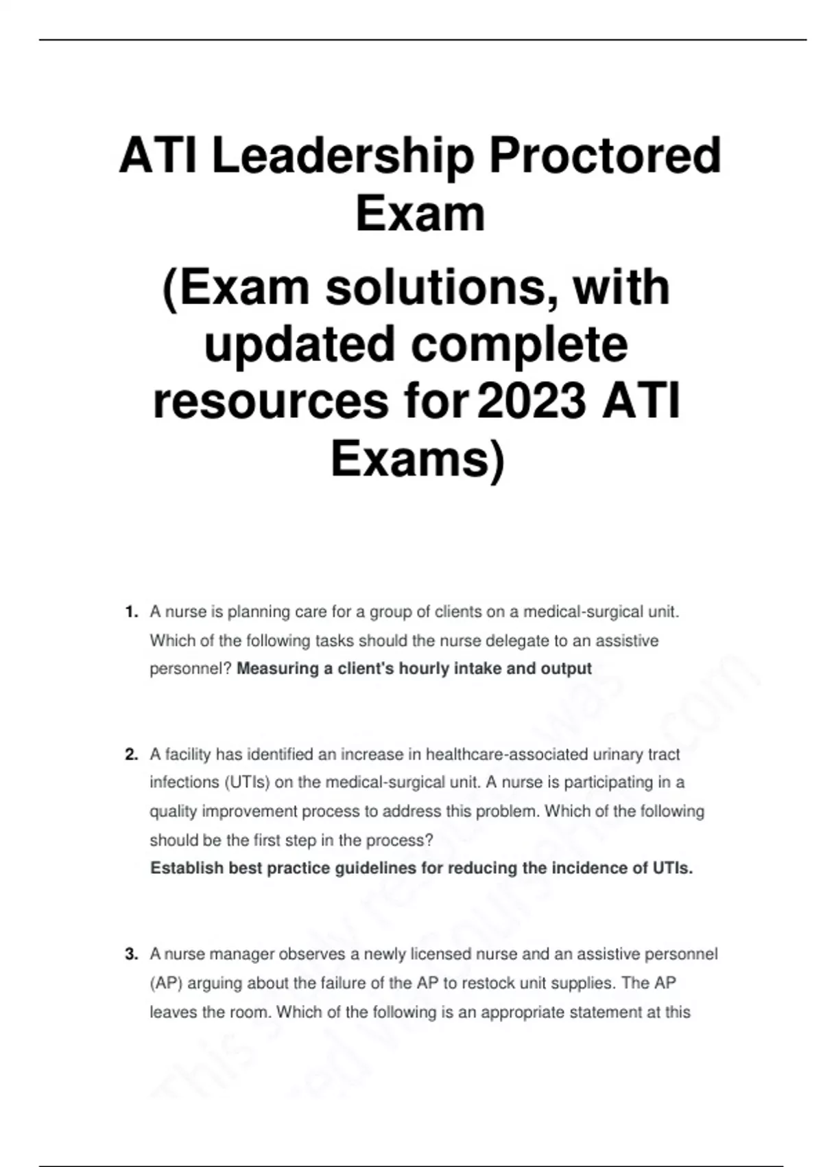 ATI Leadership Proctored Exam (Exam solutions, with updated complete ...