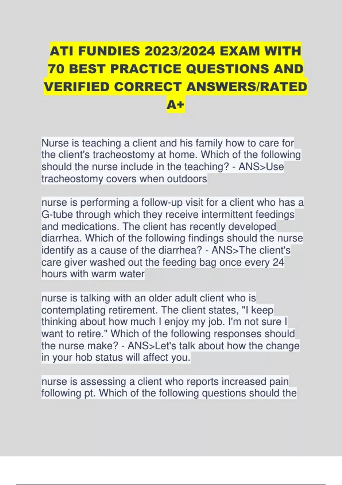 ATI FUNDIES 2023/2024 EXAM WITH 70 BEST PRACTICE QUESTIONS AND VERIFIED ...