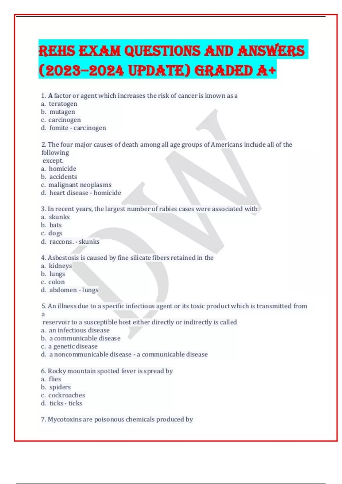 REHS Exam Questions and Answers (2023–2024 UPDATE) Graded A+ - Health ...
