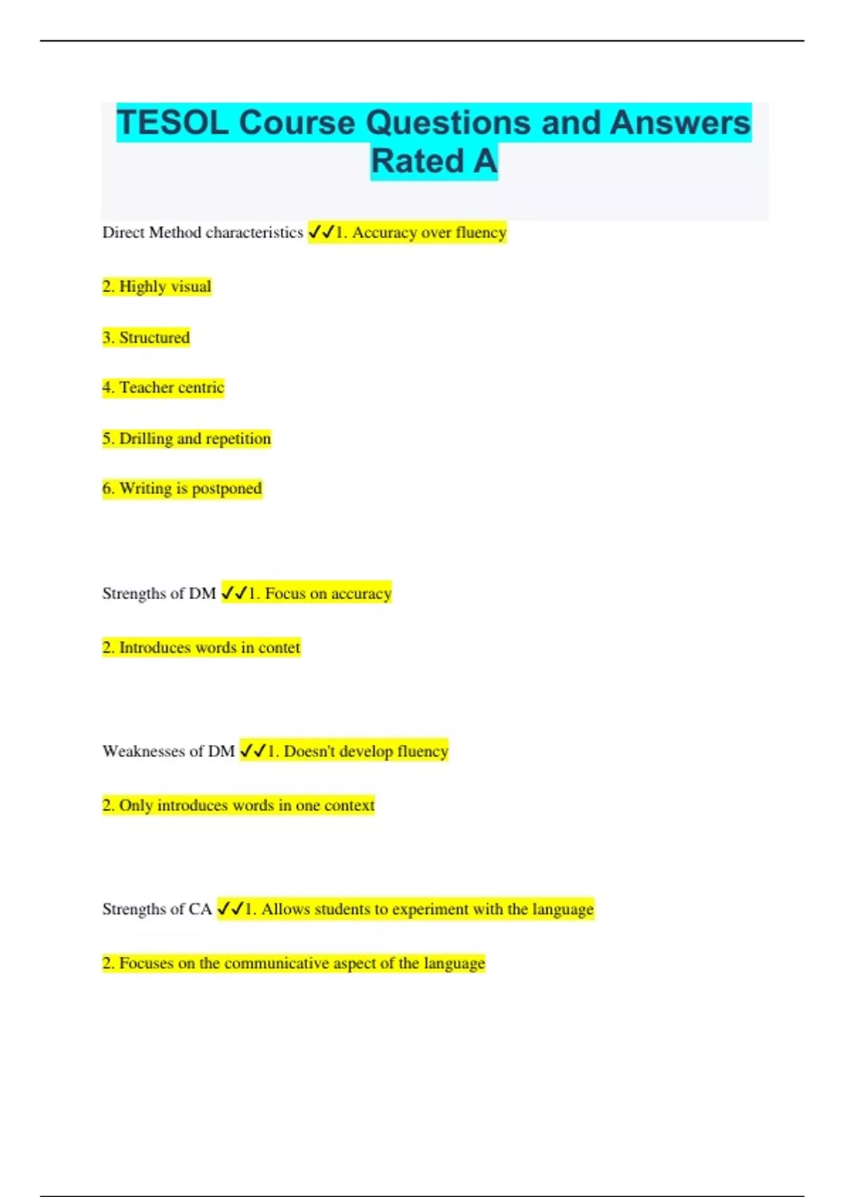 TESOL Course Questions and Answers Rated A - TESOL/TEFL - Stuvia US