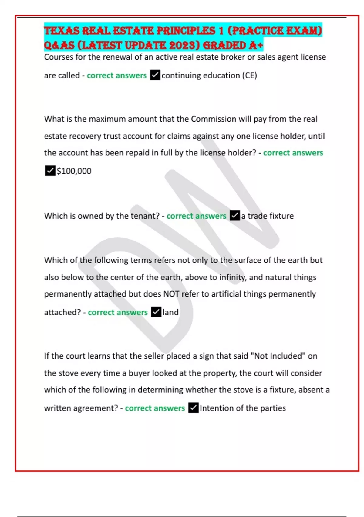 Texas Real Estate Principles 1 (Practice Exam) Q&As (Latest Update 2023 ...