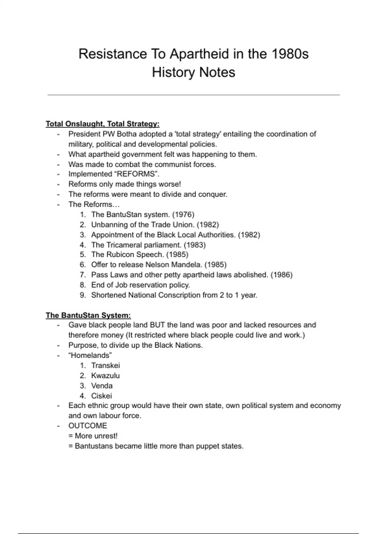 Summary History - Resistance to Apartheid in the 1980s Notes - Stuvia SA
