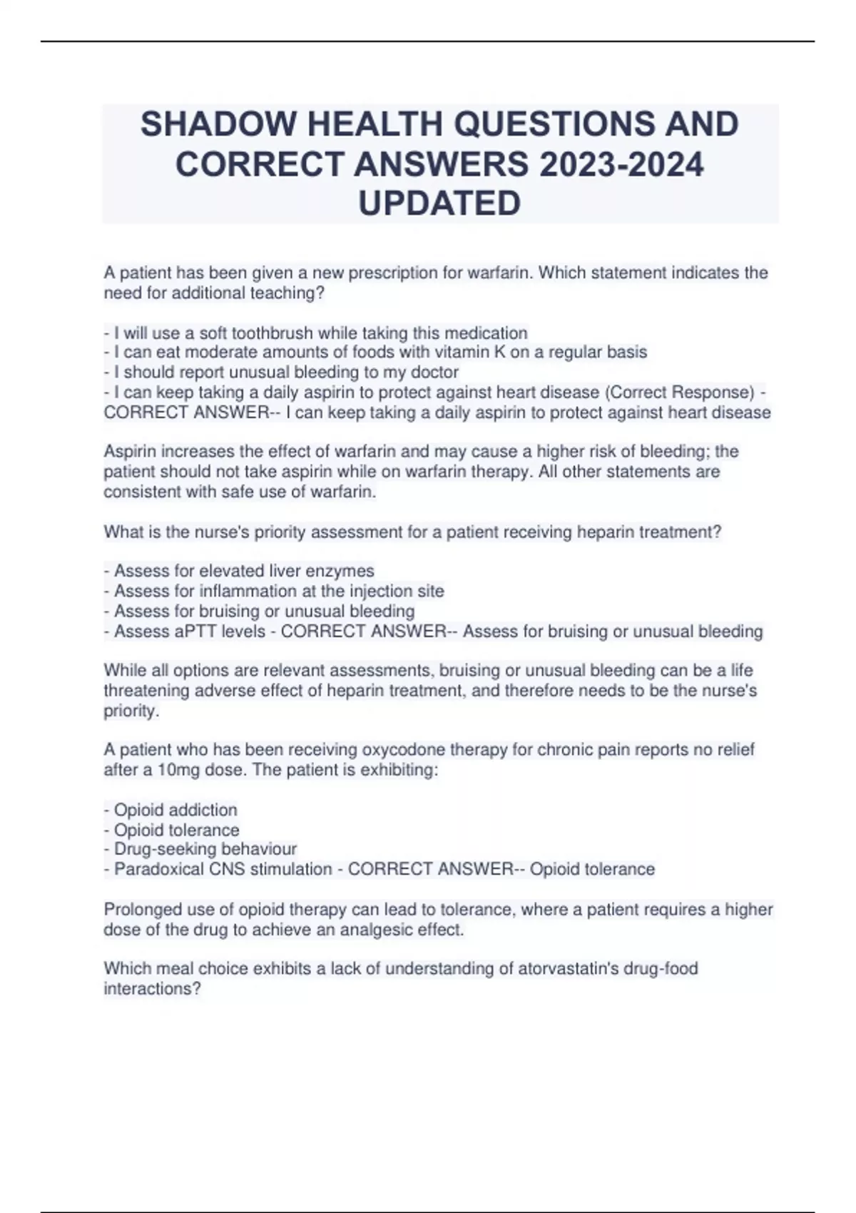 SHADOW HEALTH QUESTIONS AND CORRECT ANSWERS UPDATE - SHADOW HEALTH ...