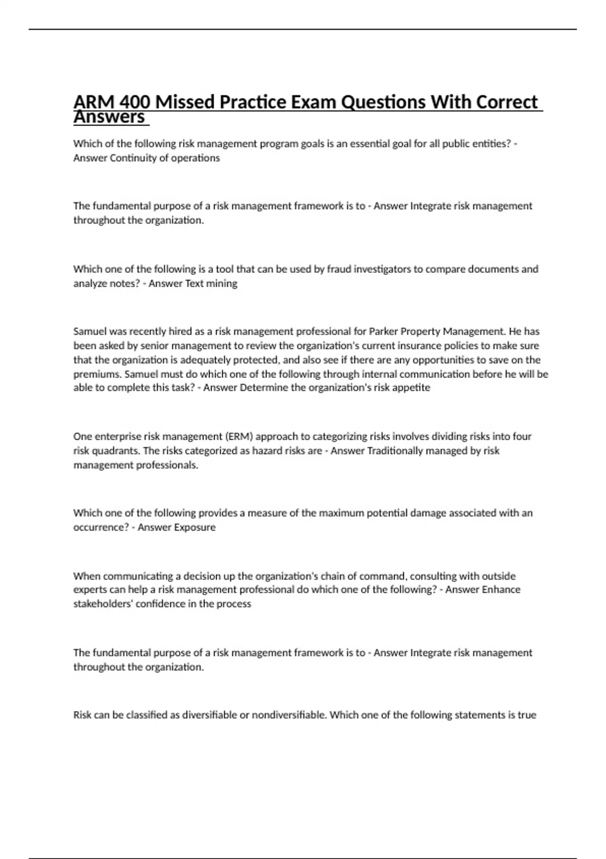 ARM 400 Missed Practice Exam Questions With Correct Answers - ARM 400 - Stuvia US