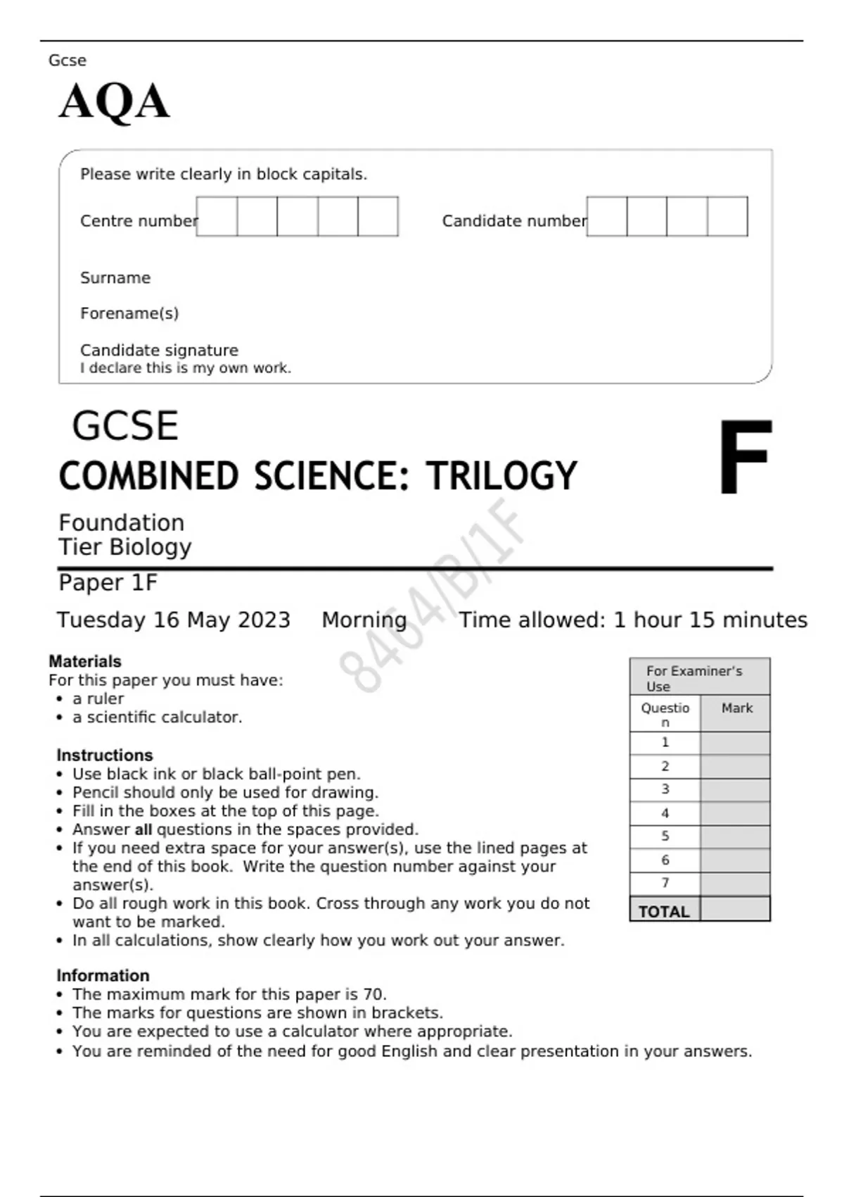 AQA GCSE COMBINED SCIENCE TRILOGY Foundation Tier Biology Paper 1F June ...