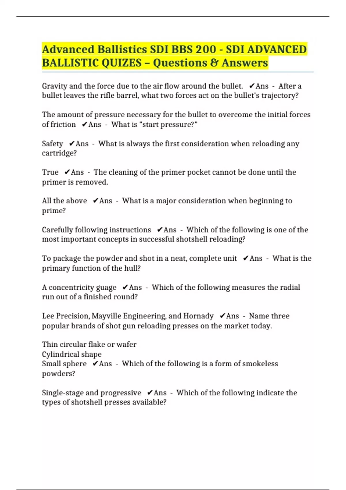 Advanced Ballistics SDI BBS 200 - SDI ADVANCED BALLISTIC QUIZES ...