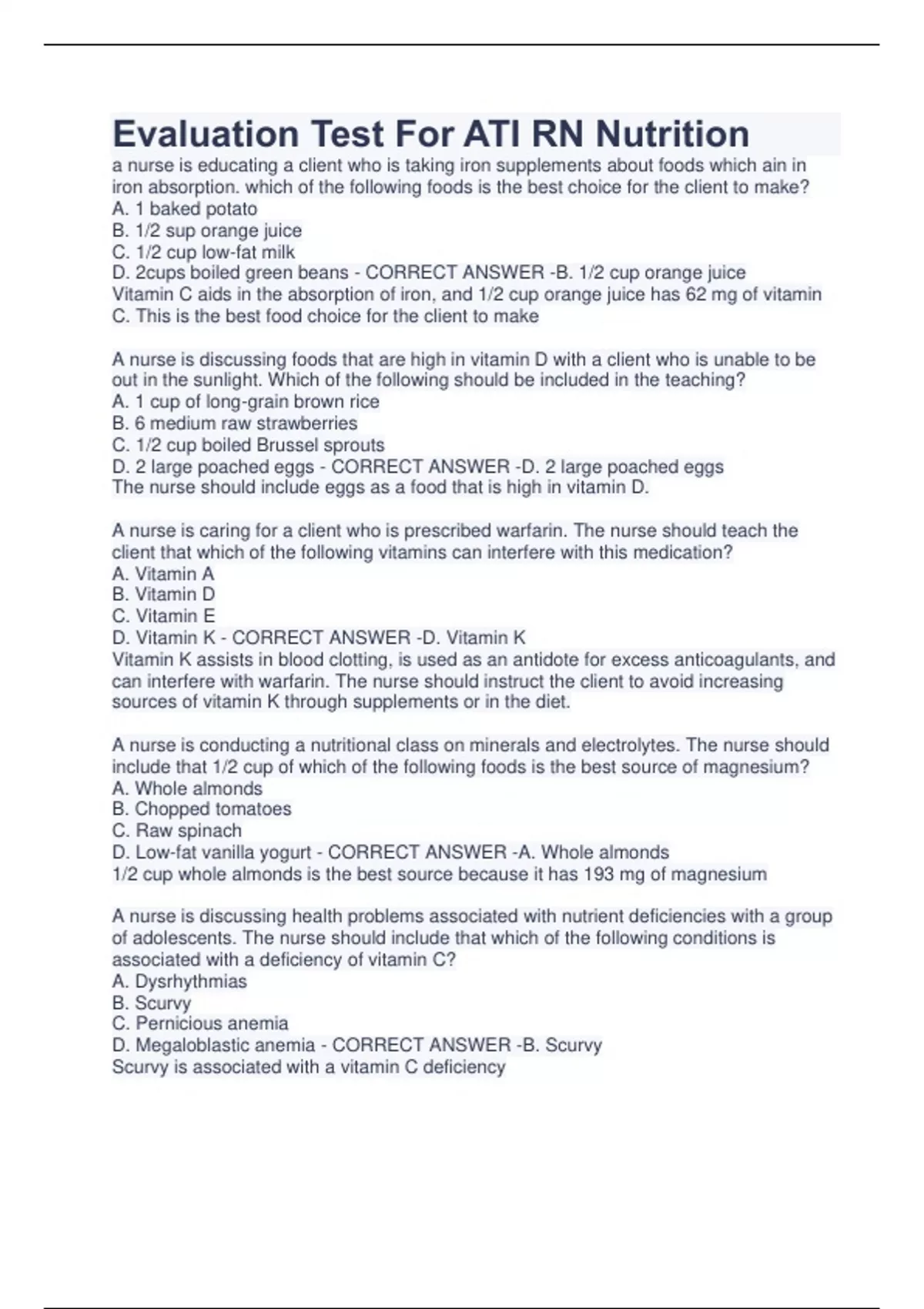 Evaluation Test For ATI RN Nutrition - Nutrition - Stuvia US