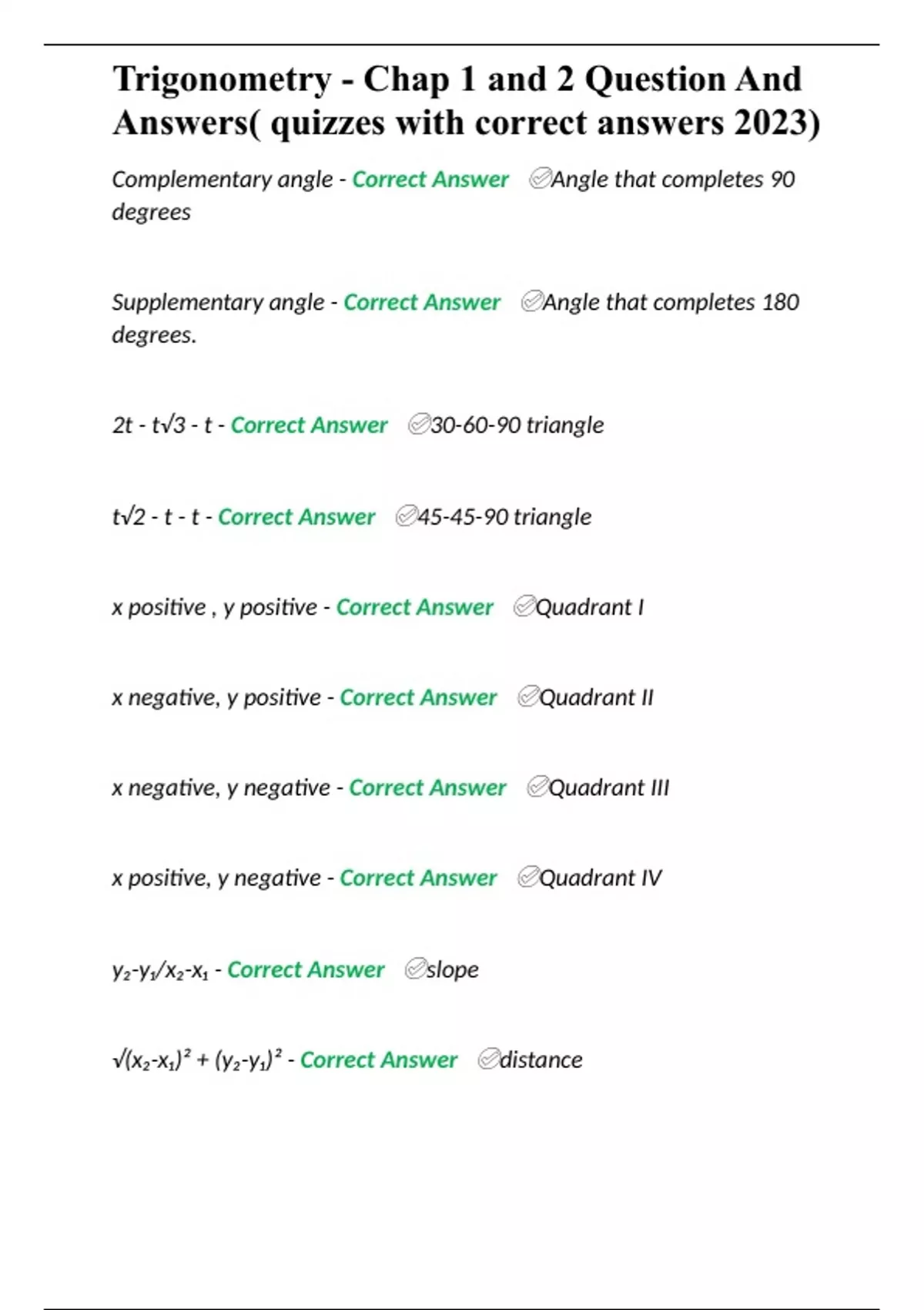 Trigonometry - Chap 1 and 2 Question And Answers( quizzes with correct ...