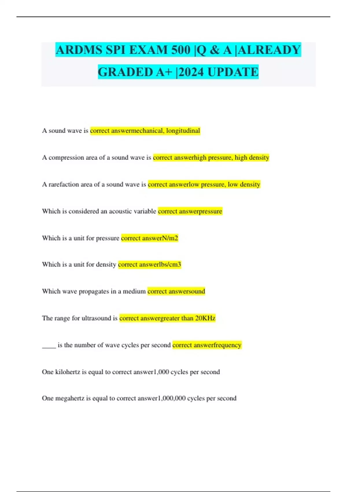 ARDMS SPI EXAM 500 |Q & A |ALREADY GRADED A+ |2024 UPDATE - ARDMS SPI ...