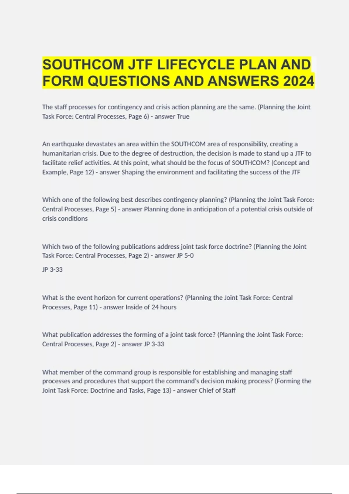 SOUTHCOM JTF LIFECYCLE PLAN AND FORM QUESTIONS AND ANSWERS 2024 ...