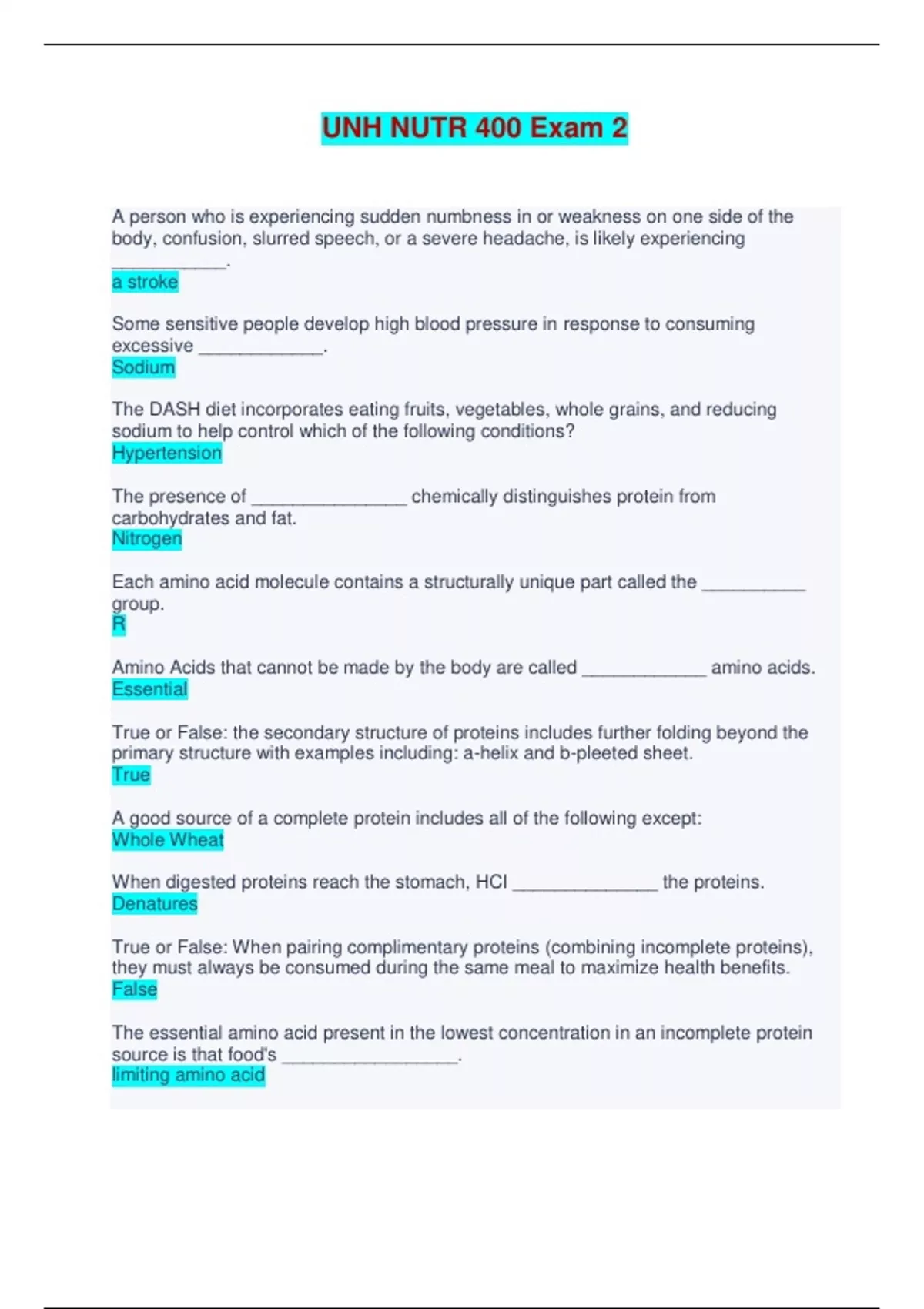 UNH NUTR 400 Exam 2 - Questions and Answers - NUTR 400 - Stuvia US