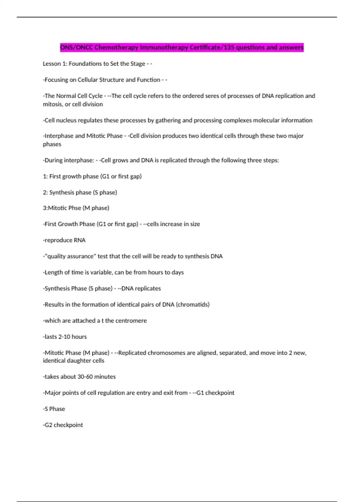 ONS ONCC Chemotherapy Immunotherapy Certificate 135 Questions And