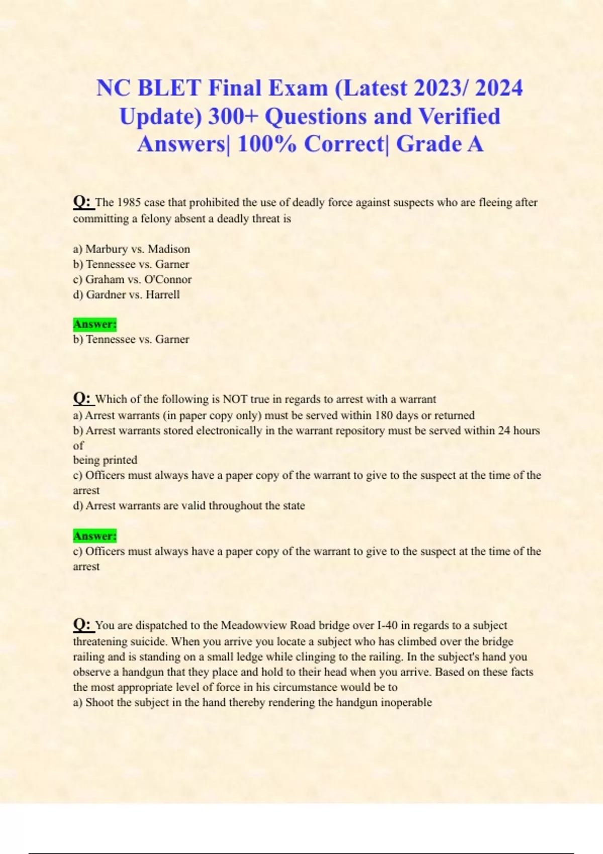 NC BLET Final Exam (Latest 2023/ 2024 Update) 300+ Questions and ...