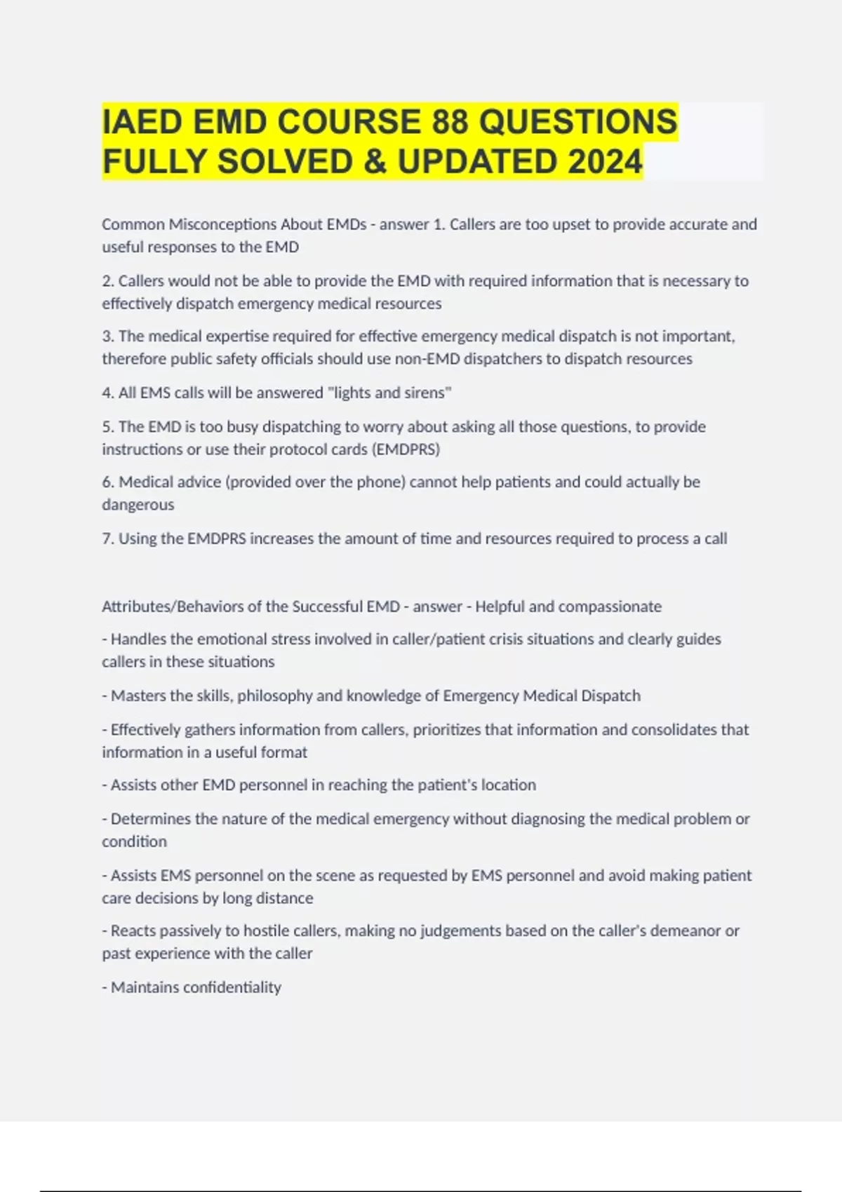 IAED EMD COURSE |88 QUESTIONS FULLY SOLVED & UPDATED 2024 - Stuvia US