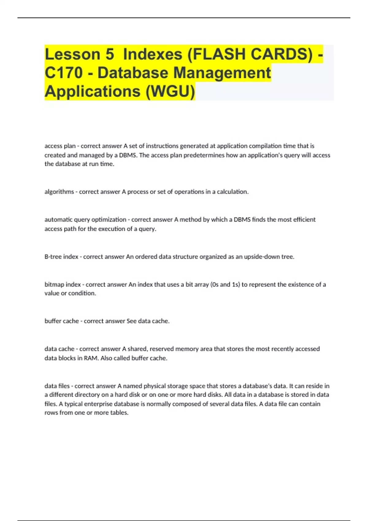 Lesson 5 Indexes (FLASH CARDS) - C170 - Database Management Applications (WGU) - WGU C 170 ...