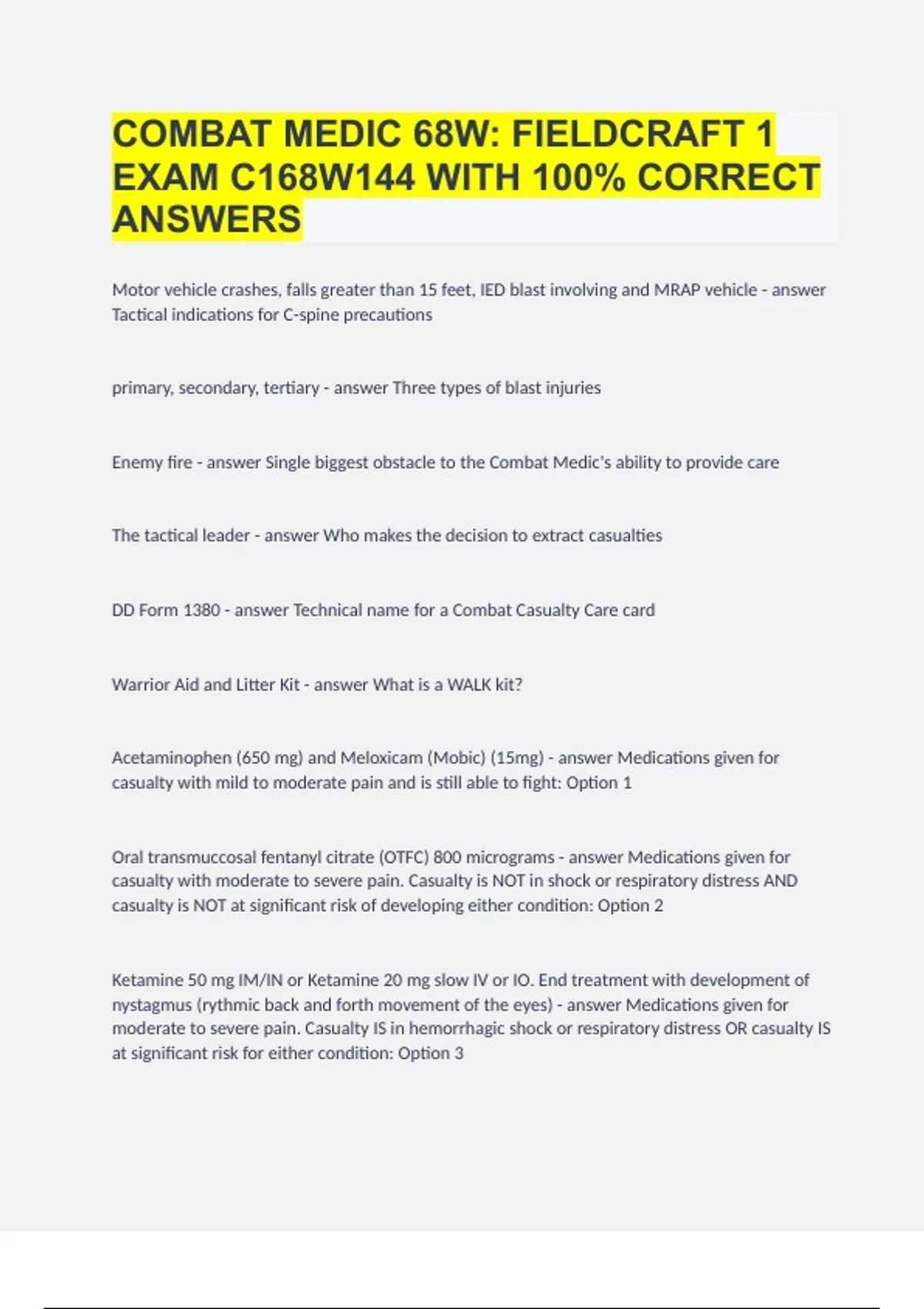 COMBAT MEDIC 68W FIELDCRAFT 1 EXAM C168W144 WITH 100% CORRECT ANSWERS ...