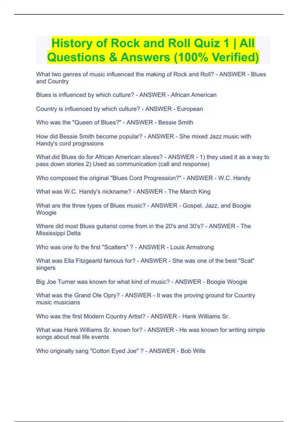 History of Rock and Roll Quiz 1 | All Questions & Answers (100% ...