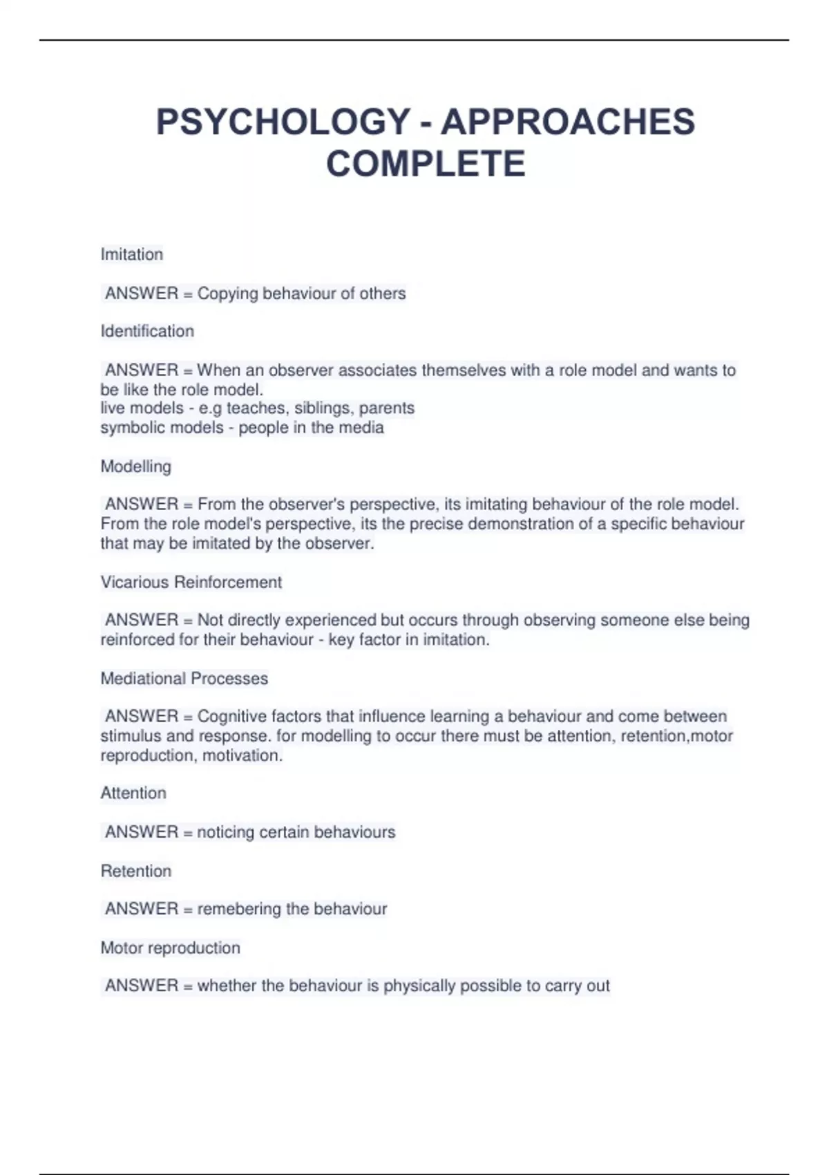 PSYCHOLOGY - APPROACHES COMPLETE QUESTIONS AND ANSWERS - PSYCHOLOGY ...