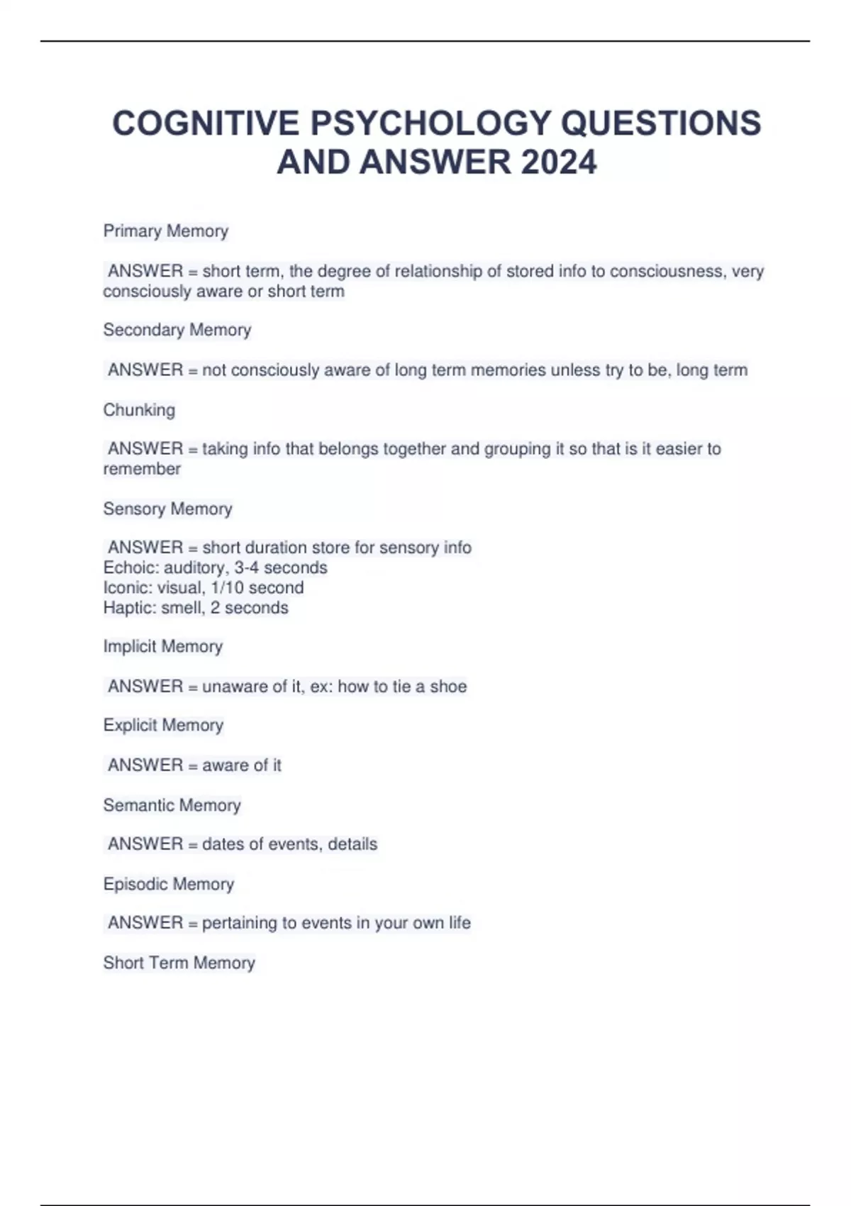 COGNITIVE PSYCHOLOGY QUESTIONS AND ANSWER 2024 - COGNITIVE PSYCHOLOGY ...