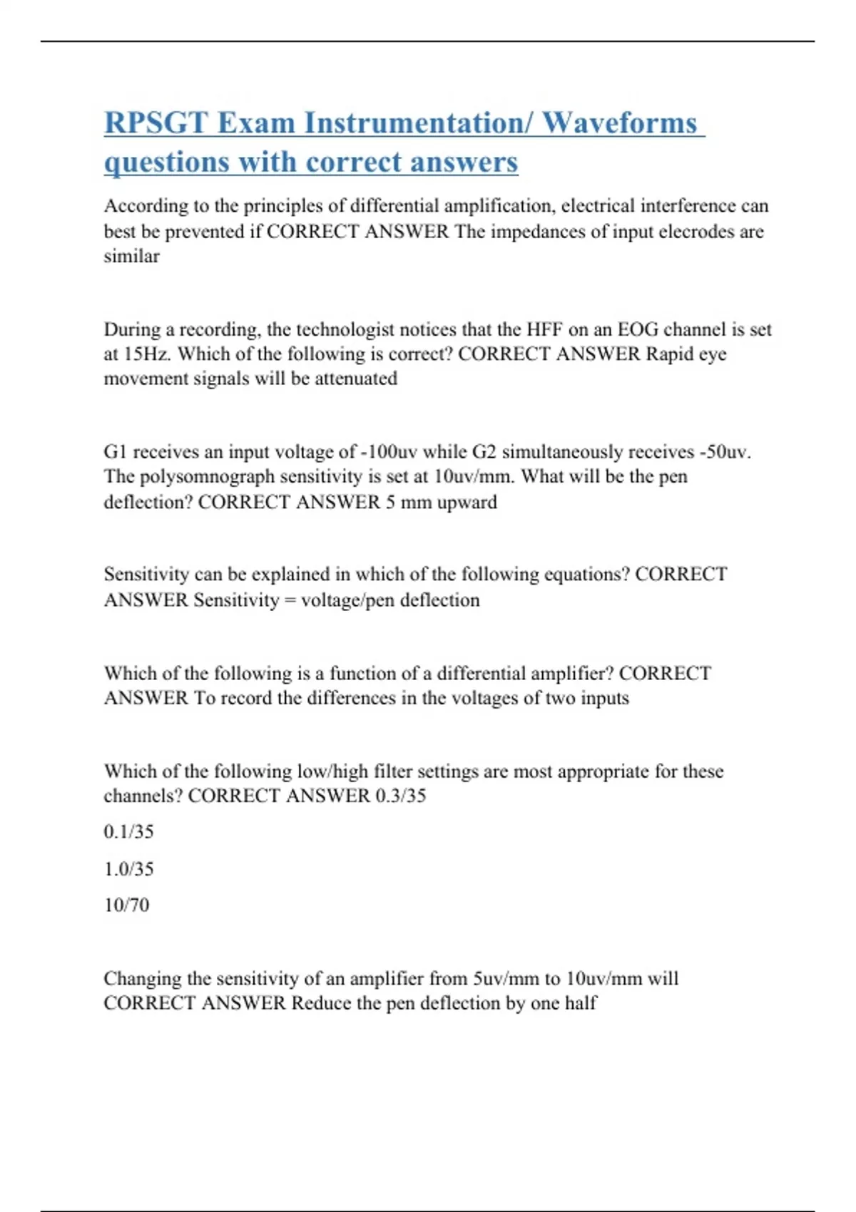 RPSGT Exam Instrumentation/ Waveforms questions with correct answers ...
