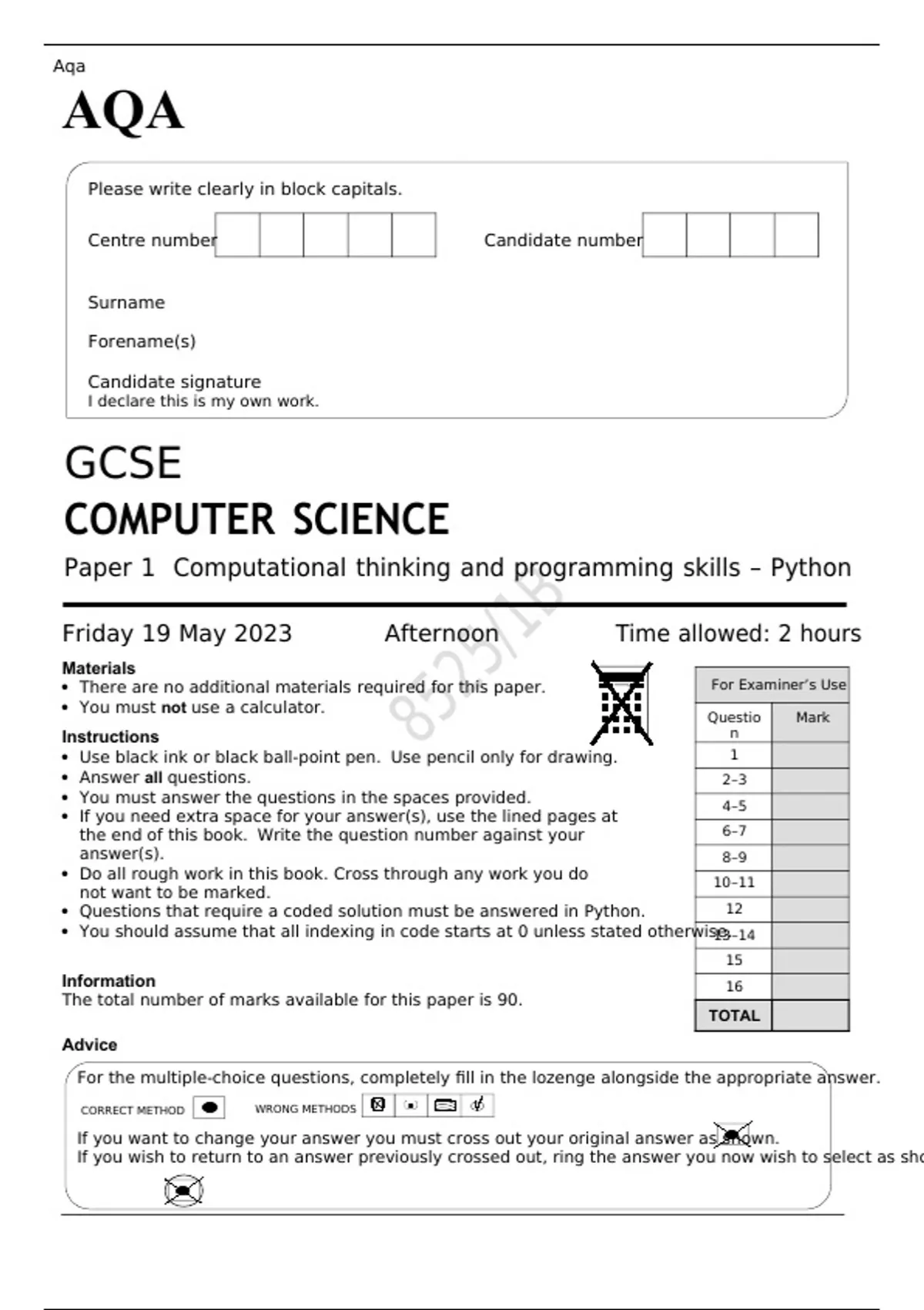 AQA GCSE COMPUTER SCIENCE Paper 1 June 2023 Question paper-Computational thinking and ...