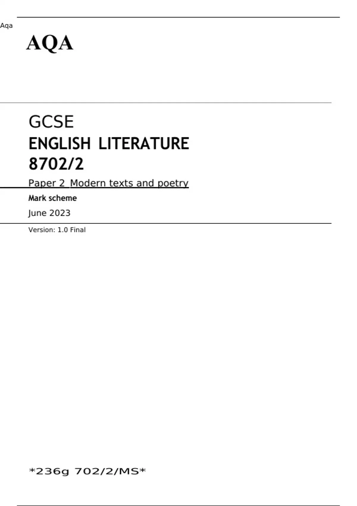 AQA GCSE ENGLISH LITERATURE Paper 2 8702/2 Mark scheme June 2023-Modern ...