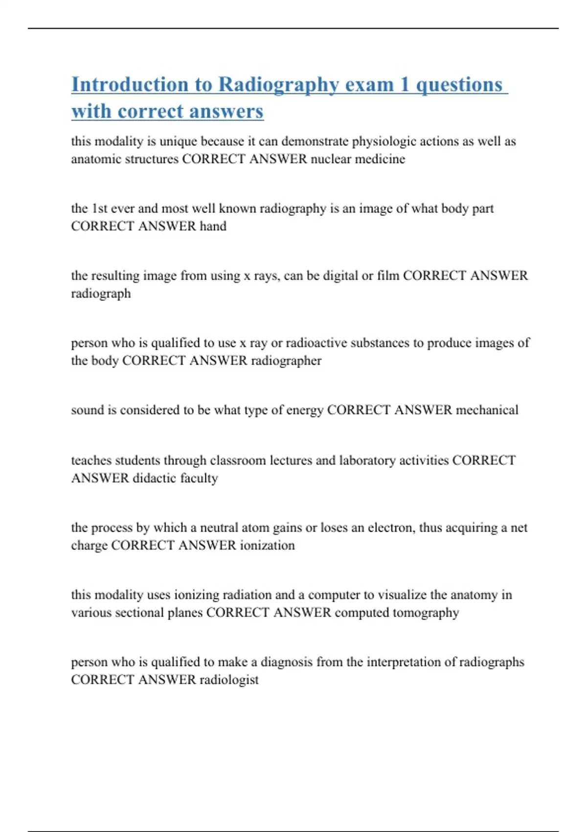 Introduction to Radiography exam 1 questions with correct answers ...