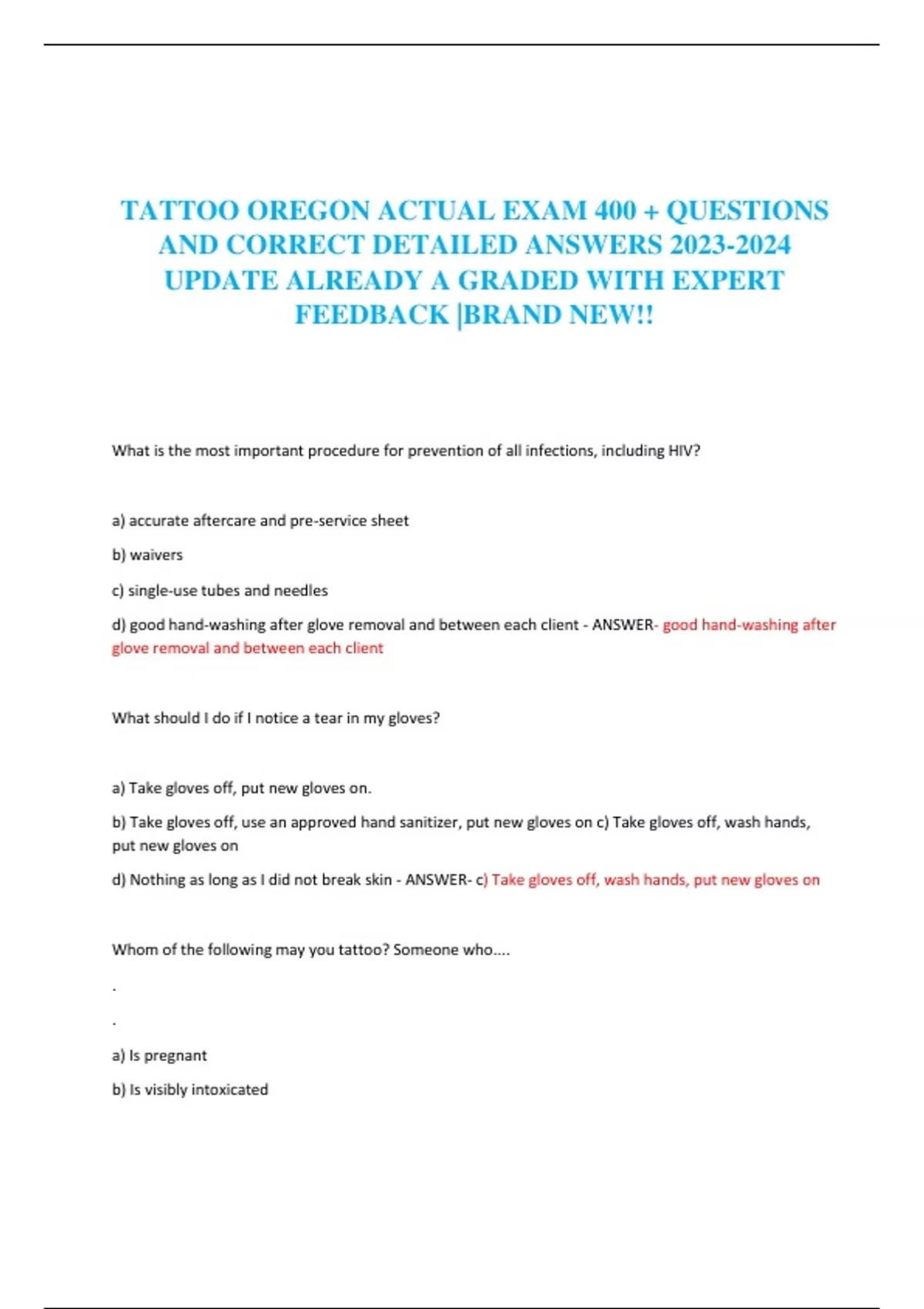 TATTOO OREGON ACTUAL EXAM 400 + QUESTIONS AND CORRECT DETAILED ANSWERS ...