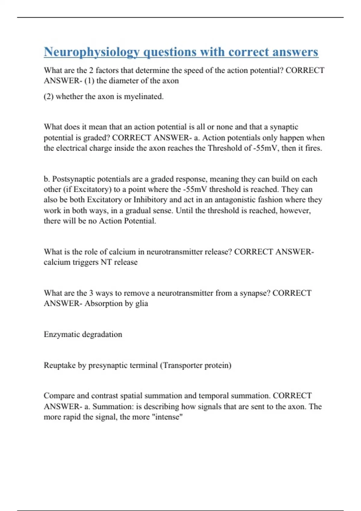 Neurophysiology questions with correct answers - Neurophysiology ...