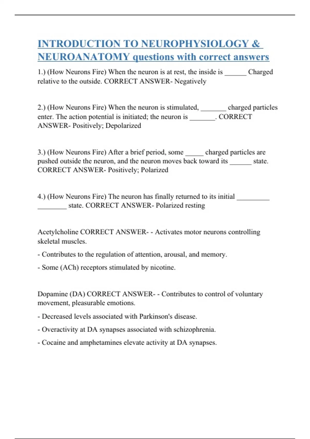 INTRODUCTION TO NEUROPHYSIOLOGY & NEUROANATOMY questions with correct ...