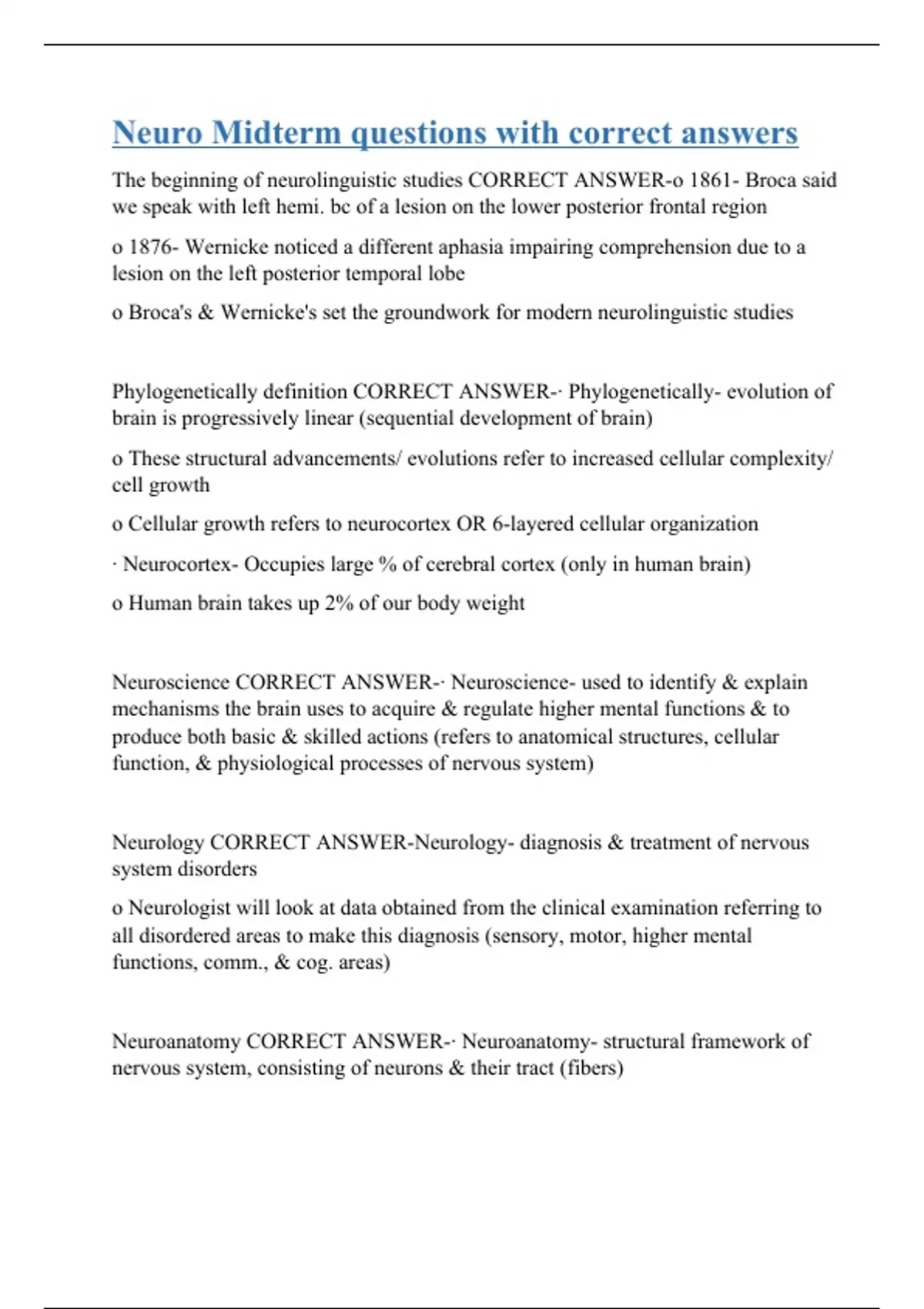 Neuro Midterm questions with correct answers - Neuro Diagnostics ...