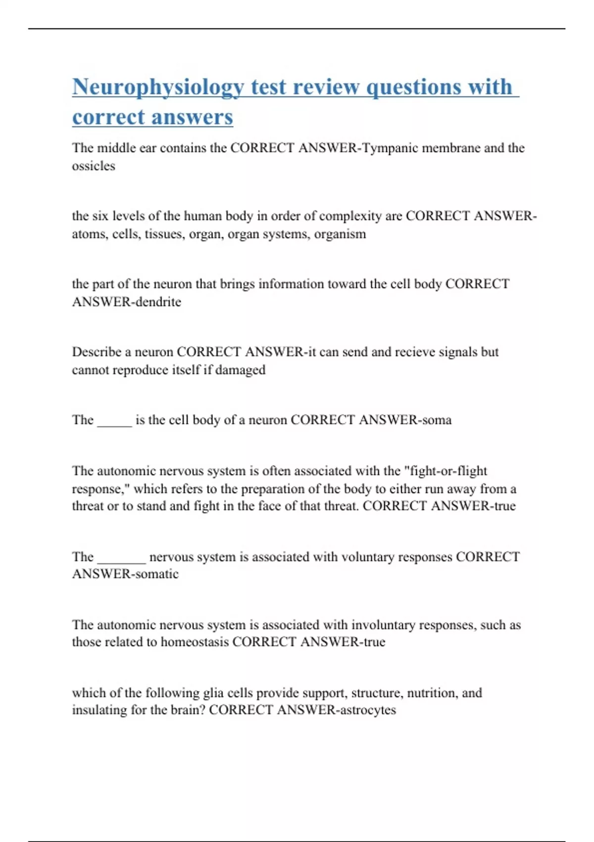 Neurophysiology test review questions with correct answers ...