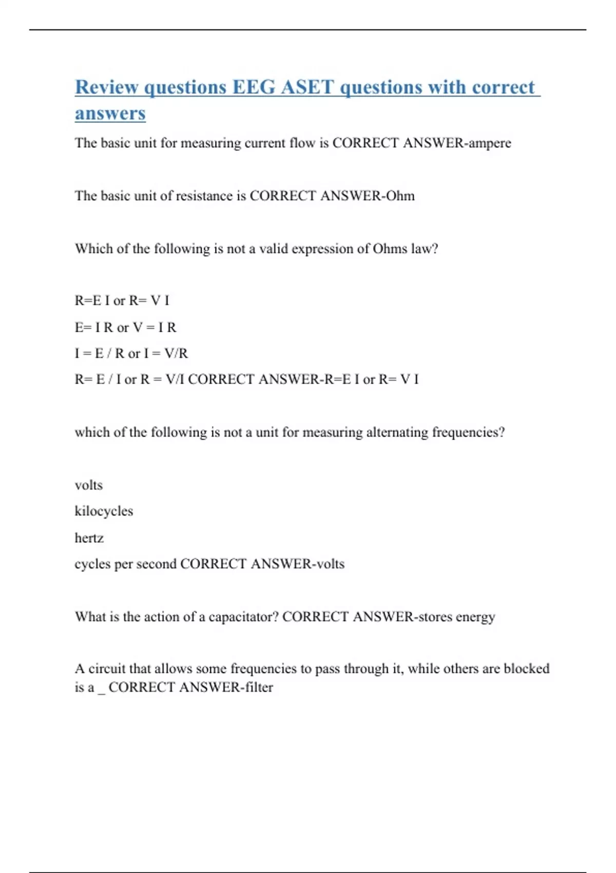 Review questions EEG ASET questions with correct answers - EEG ASET ...
