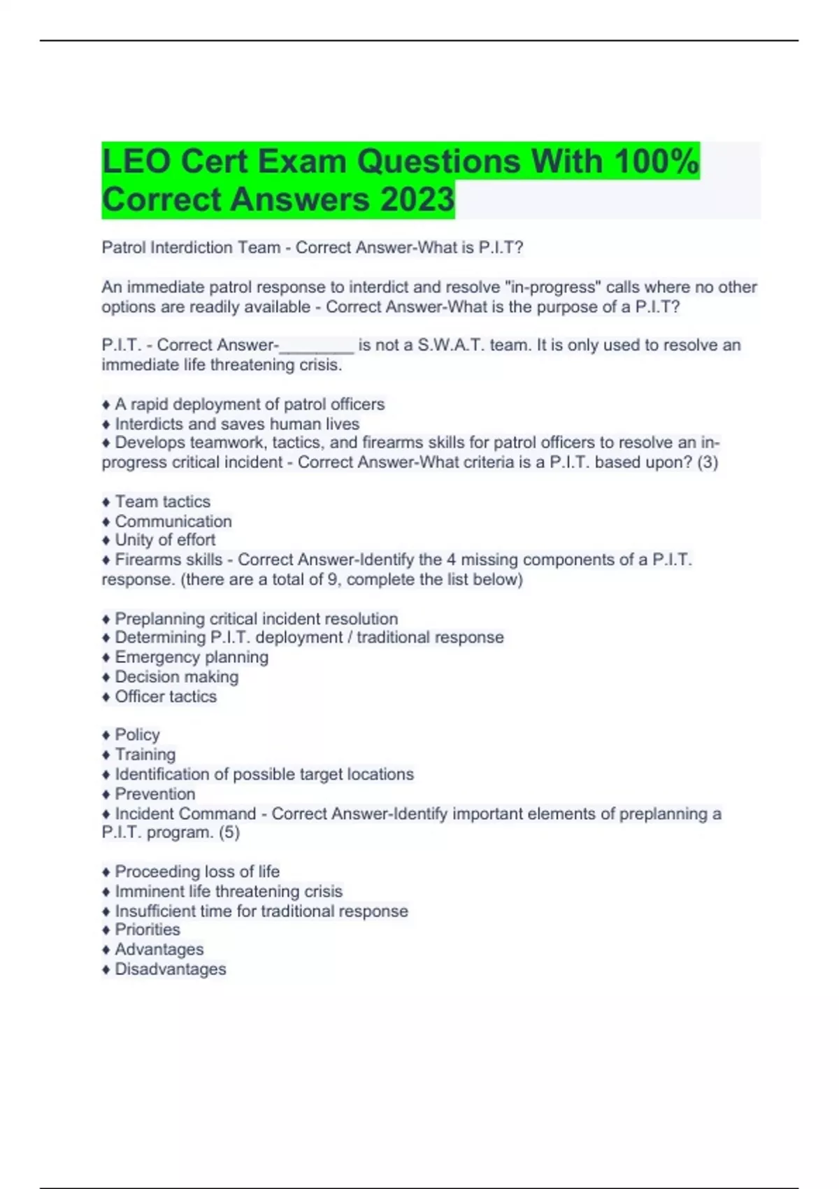 LEO Cert Exam Questions With 100% Correct Answers 2023 - LEO - Stuvia US