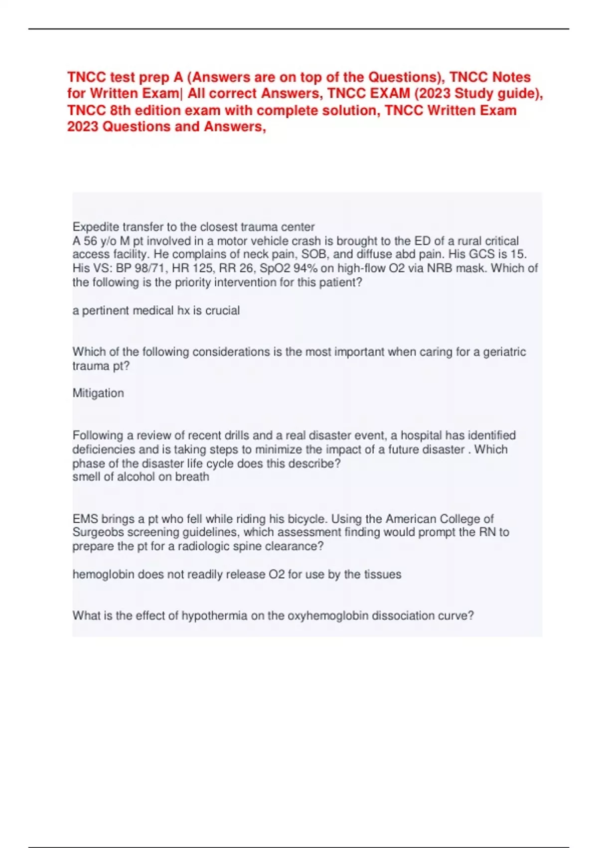 TNCC test prep A (Answers are on top of the Questions), TNCC Notes for ...