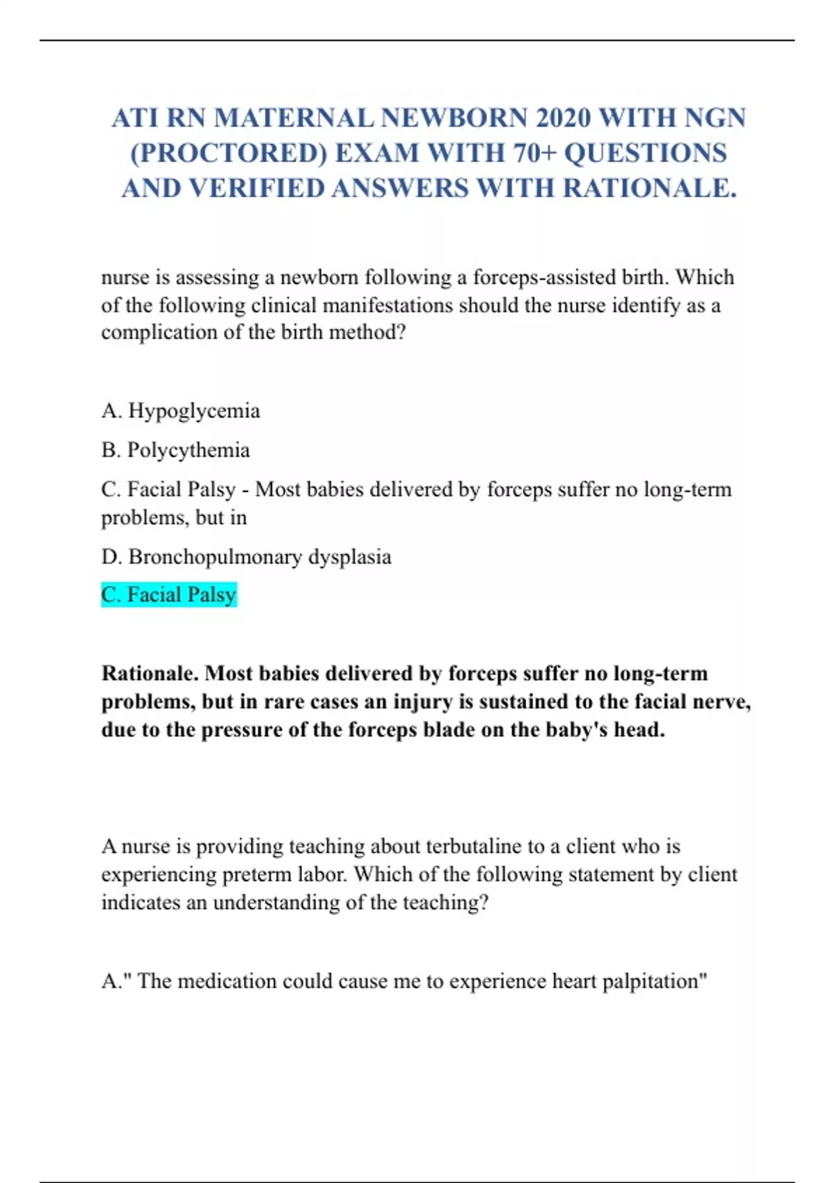 ATI RN MATERNAL NEWBORN 2020 WITH NGN (PROCTORED) EXAM WITH 70 ...