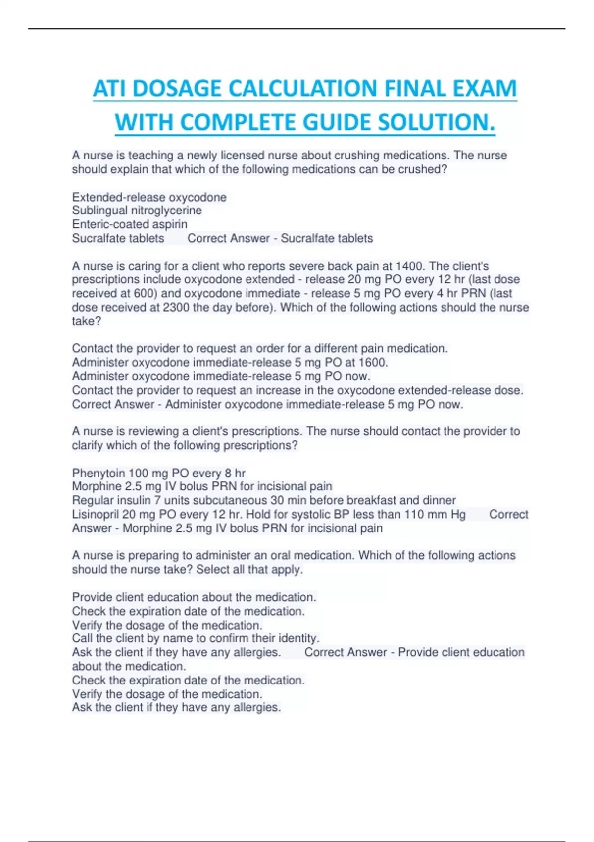 ATI DOSAGE CALCULATION FINAL EXAM(ATI Safe Dosage, Nursing Conversions ...