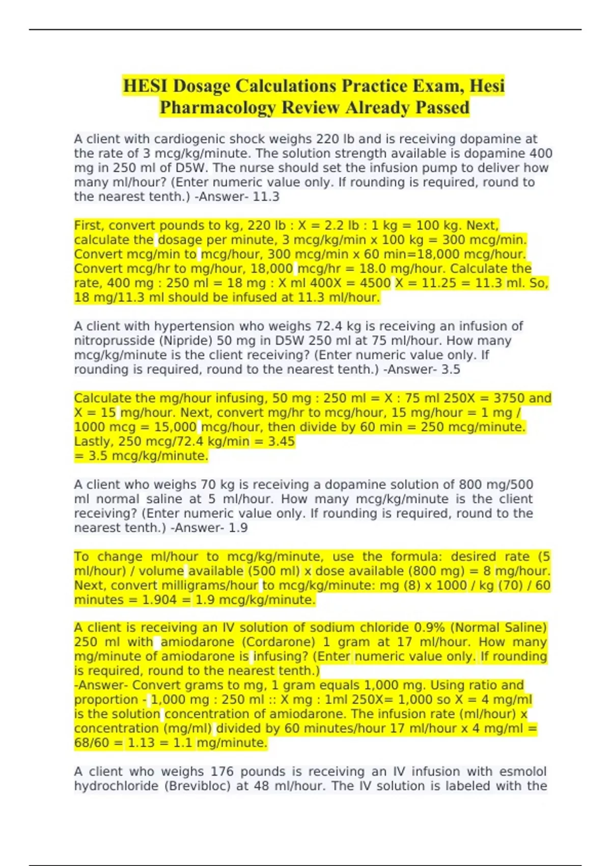 HESI Dosage Calculations Practice Exam, Hesi Pharmacology Review ...