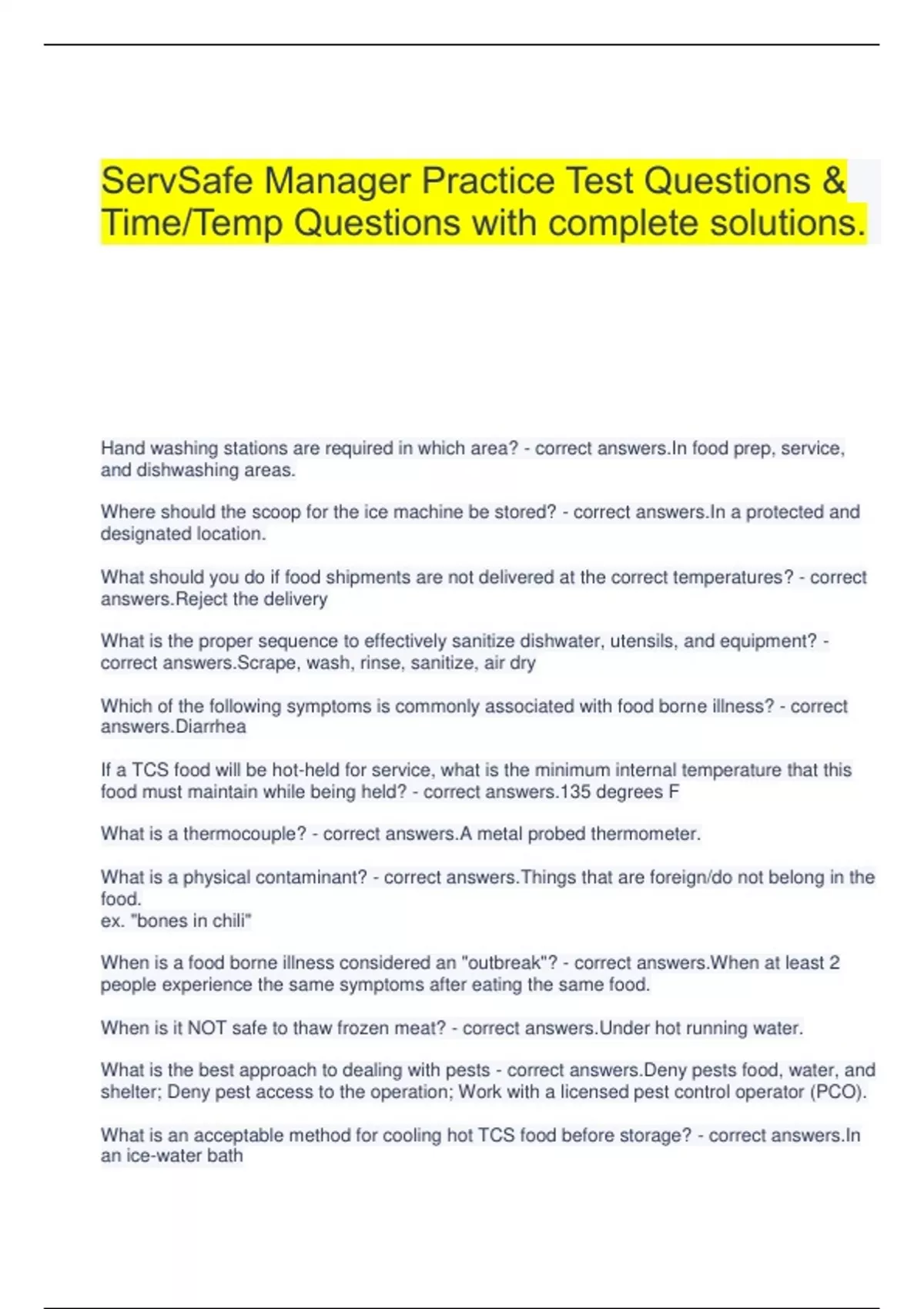 Servsafe Manager Practice Test Questions And Time Temp Questions With Complete Solutions