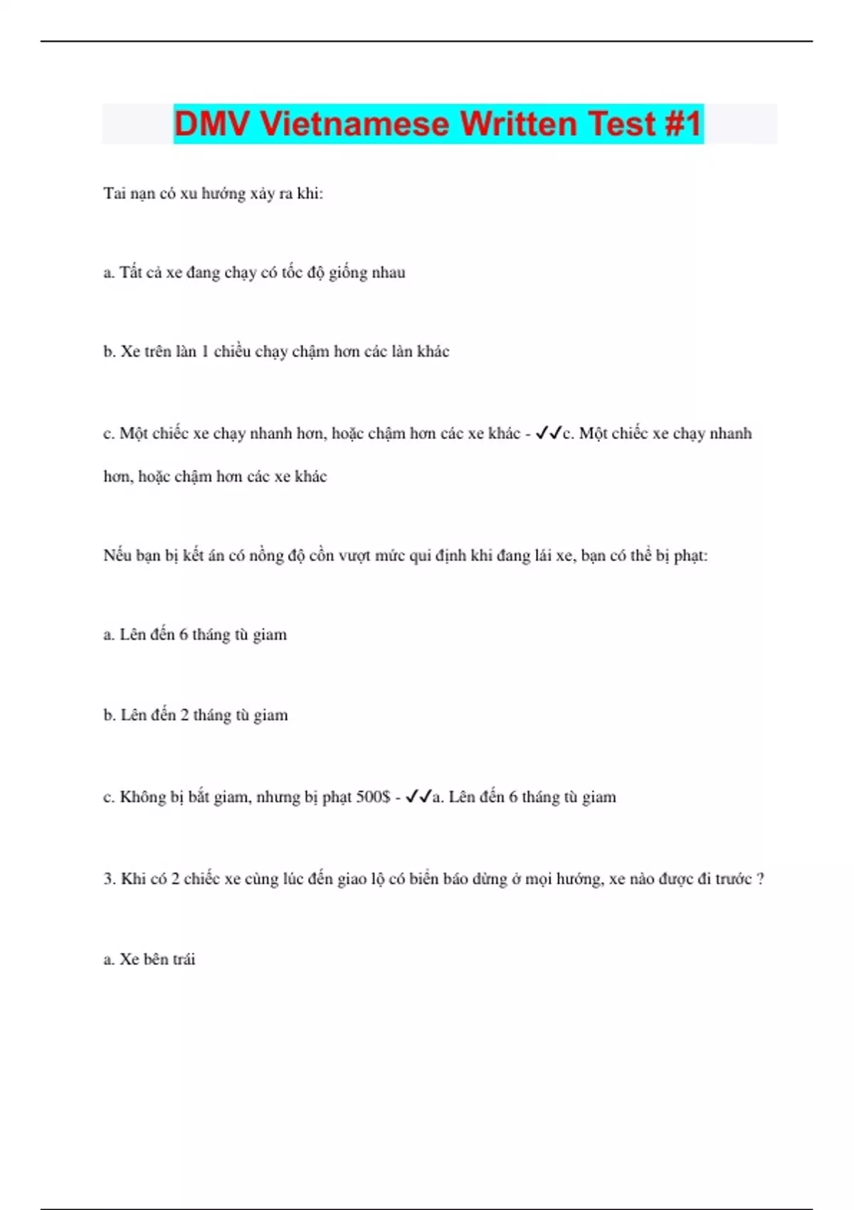 DMV Vietnamese Written Test #1 | Questions with 100% Correct Answers ...