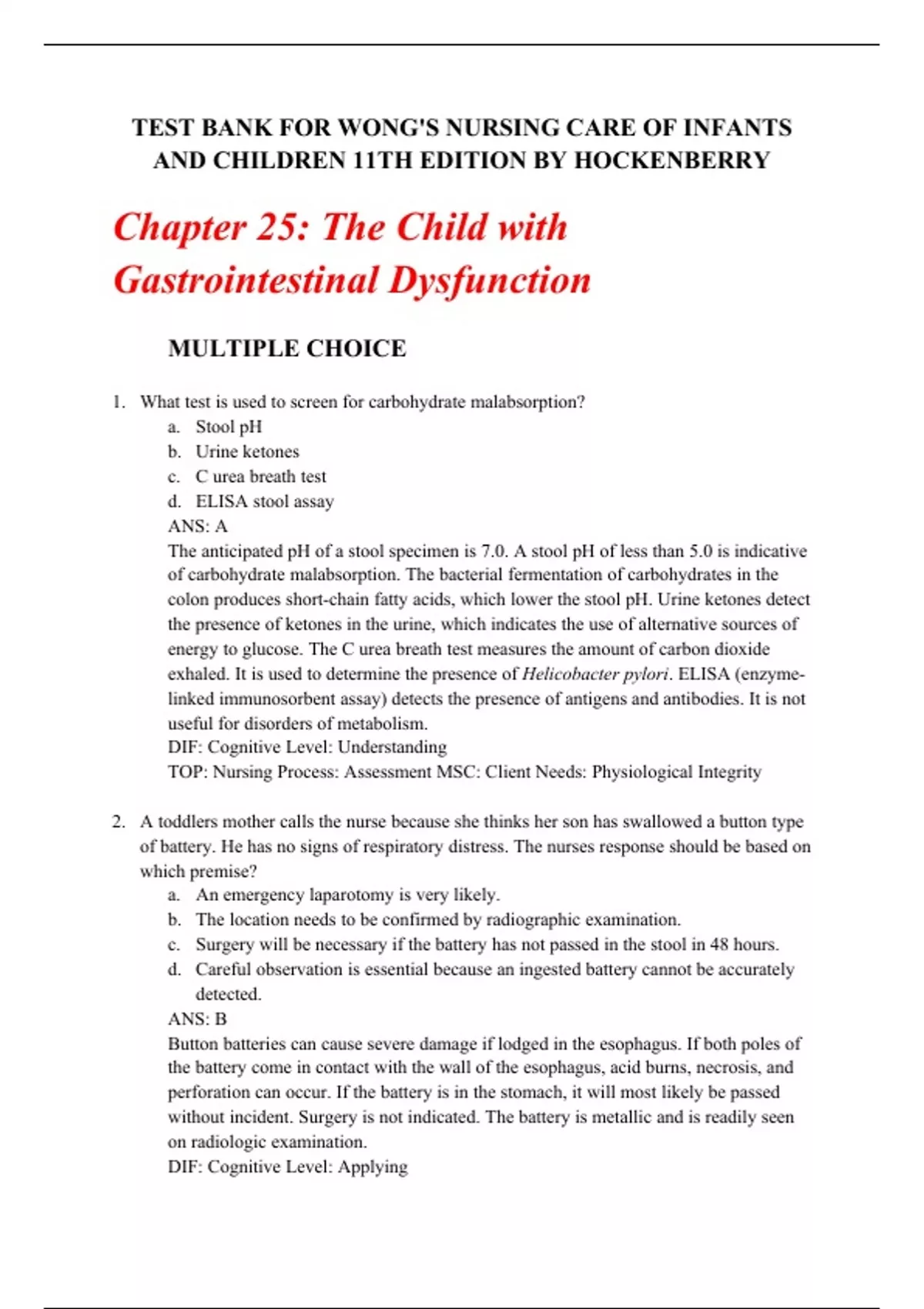 Chapter 25: The Child with Gastrointestinal Dysfunction Test Bank for ...