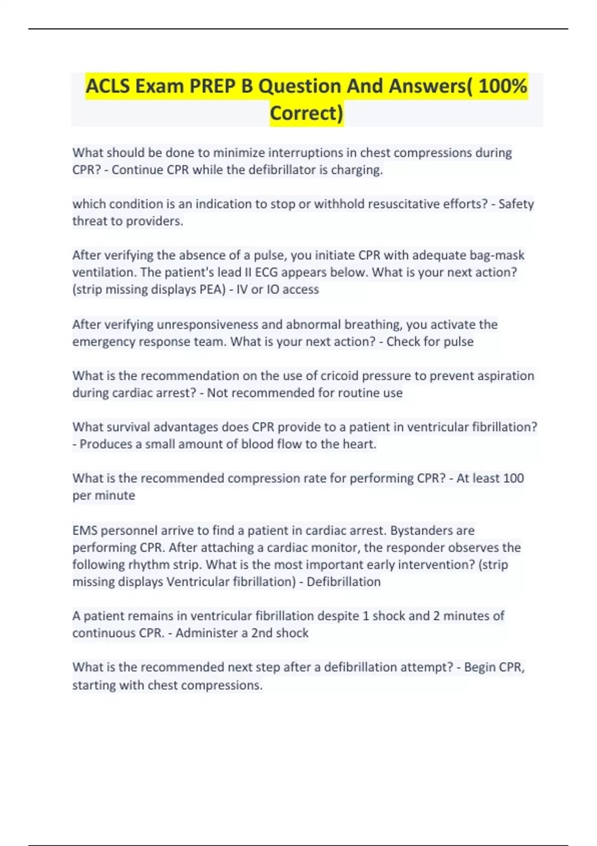 ACLS Exam PREP B Question And Answers( 100% Correct) - Acls - Stuvia US