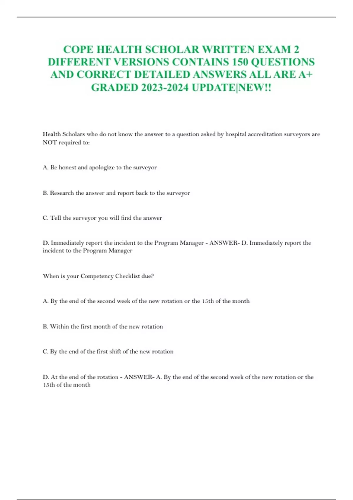 COPE HEALTH SCHOLAR WRITTEN EXAM 2 DIFFERENT VERSIONS CONTAINS 150 ...