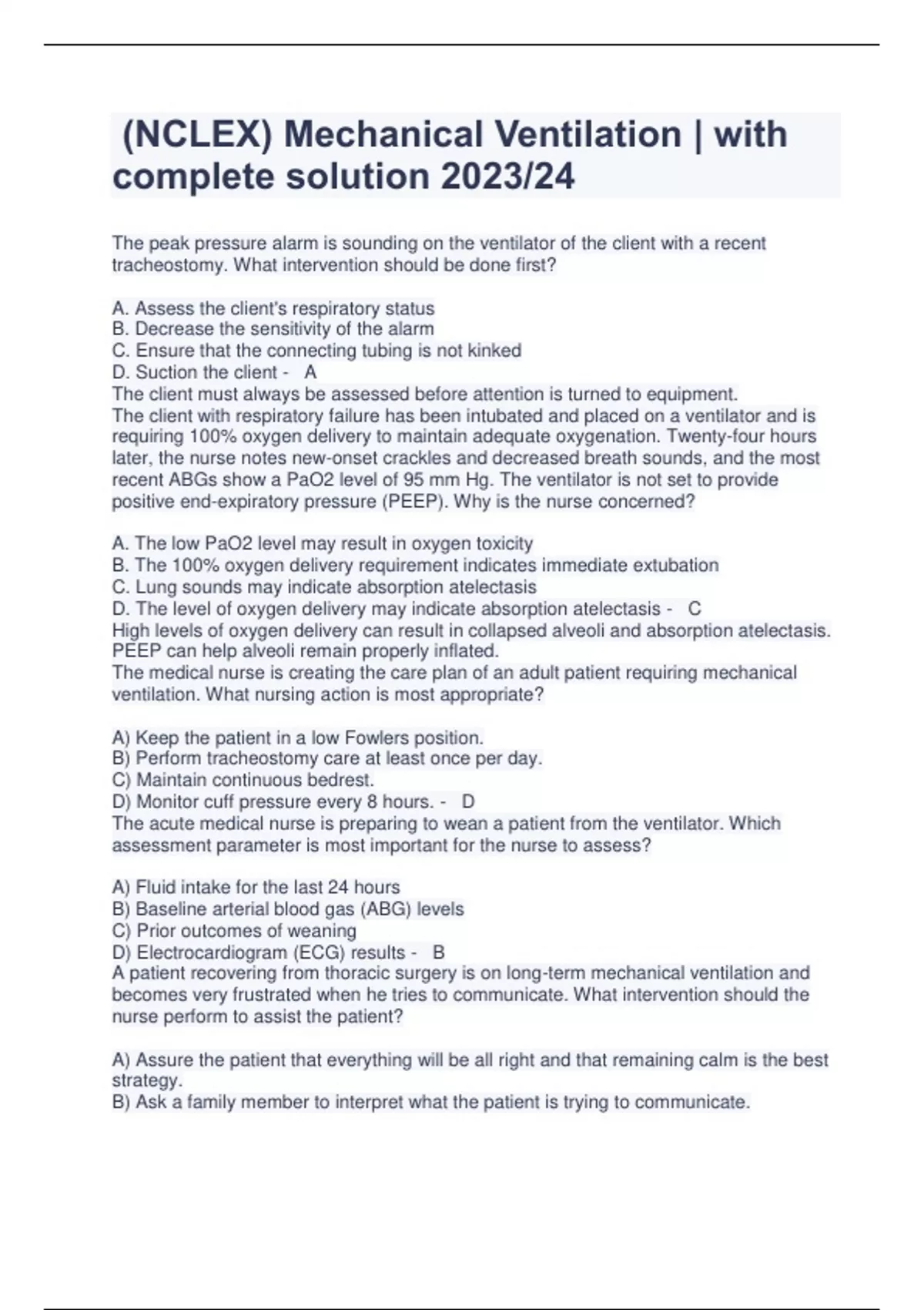 (NCLEX) Mechanical Ventilation | with complete solution 2023/24 ...