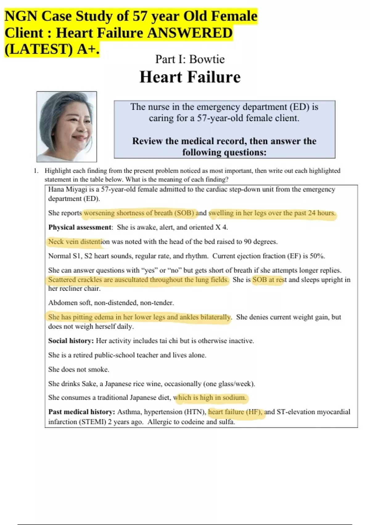 NGN Case Study of 57 year Old Female Client : Heart Failure ANSWERED ...