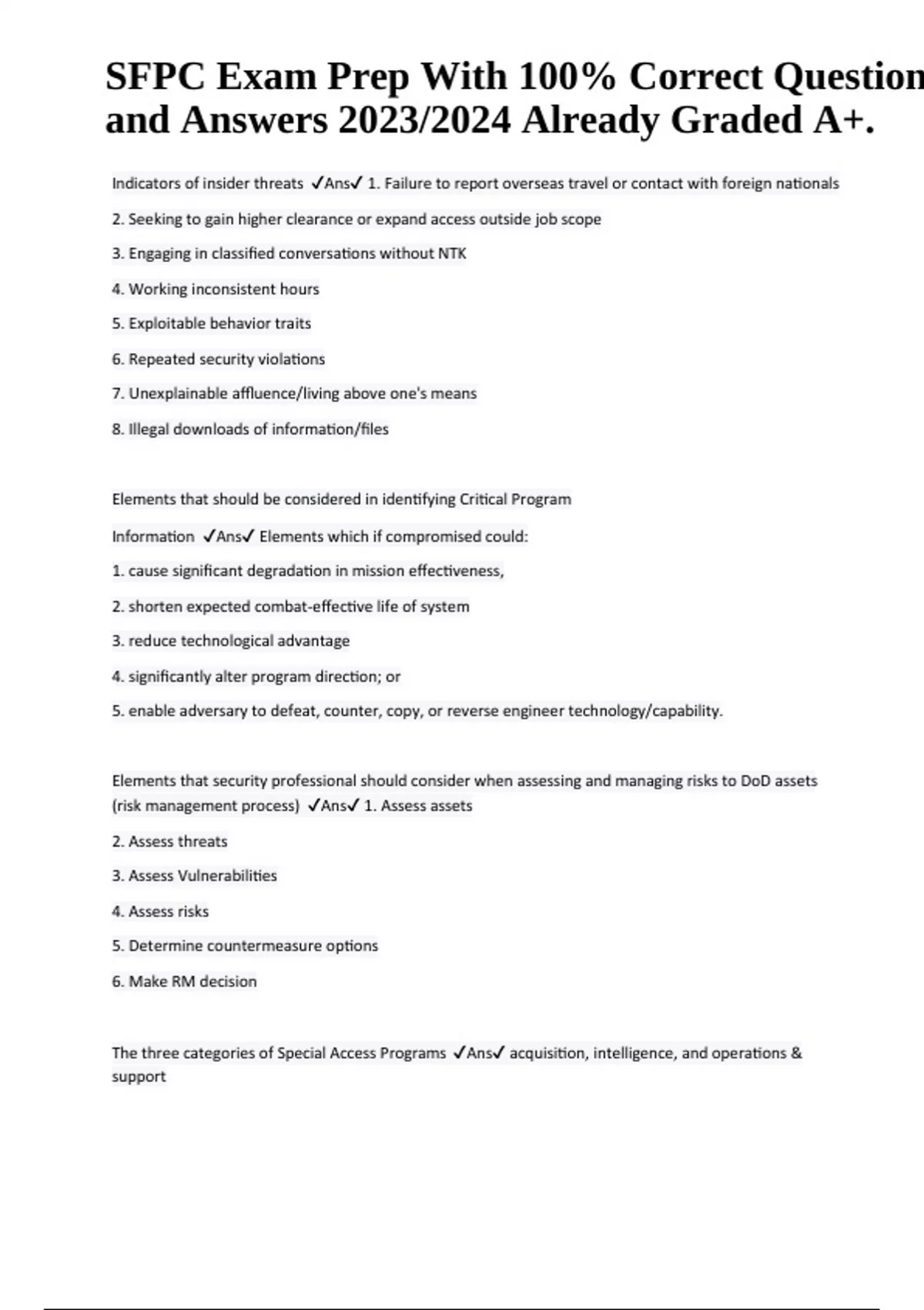 Sfpc Final Exam Prep With Complete Solutions 2023 2024 Graded A And Sfpc Exam Prep With 100