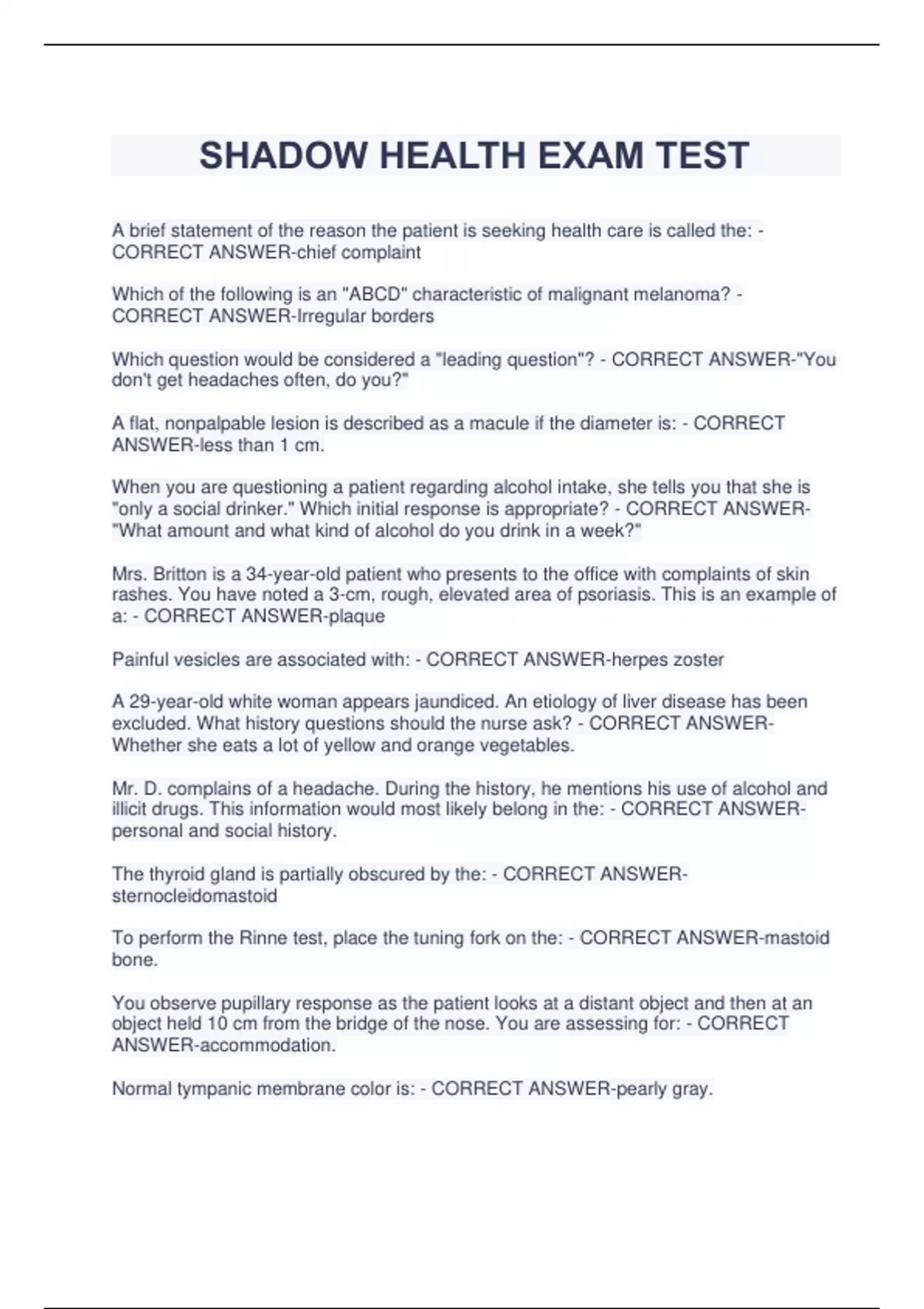 SHADOW HEALTH EXAM TEST - SHADOW HEALTH - Stuvia US