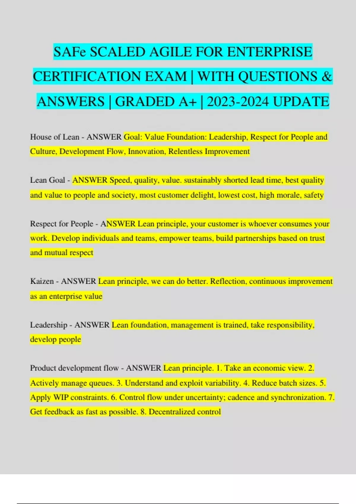 Safe Scaled Agile For Enterprise Certification Exam With Questions And Answers Graded A