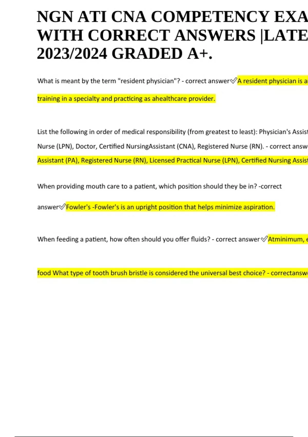 NGN ATI CNA COMPETENCY EXAM QUESTIONS WITH CORRECT ANSWERS |LATEST ...