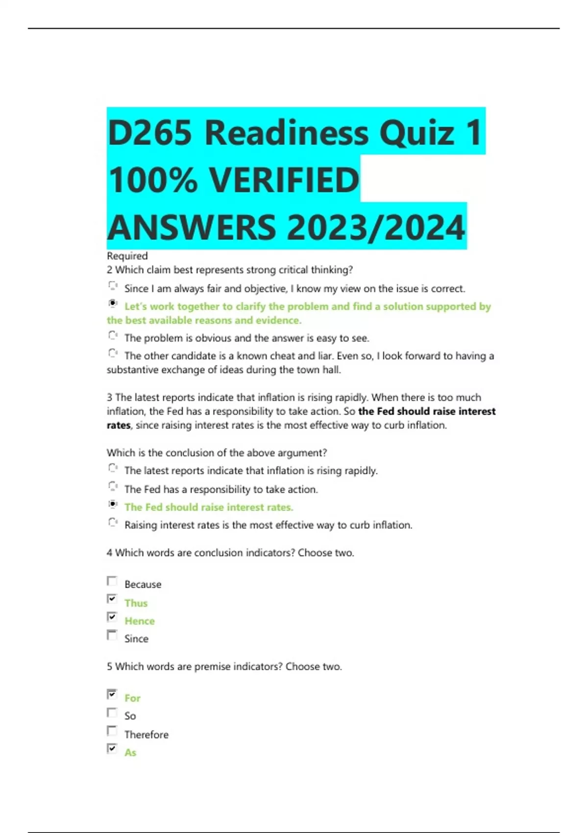 D265 Readiness Quiz 1 100% VERIFIED ANSWERS 2023/2024 - D265 Readiness ...